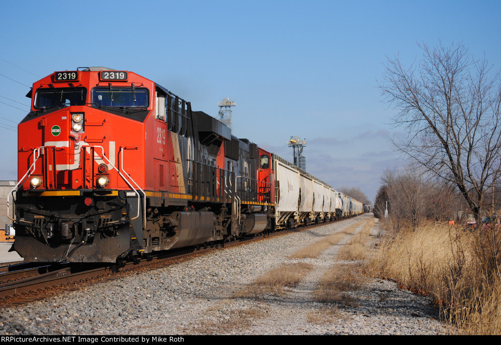 CN 2319 shines in the sun going southbound with freight.